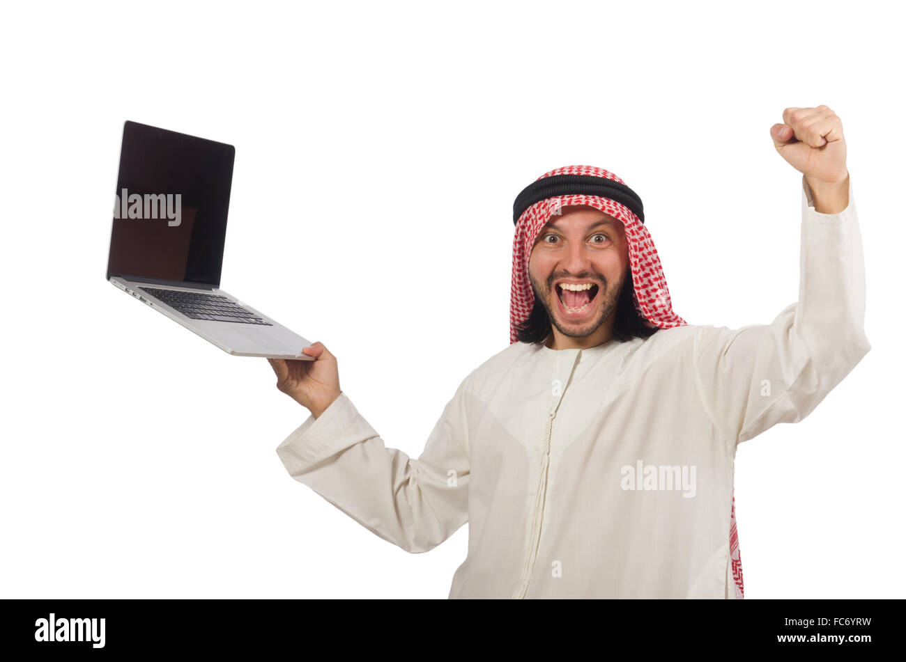 Arab man with laptop isolated on white Stock Photo - Alamy