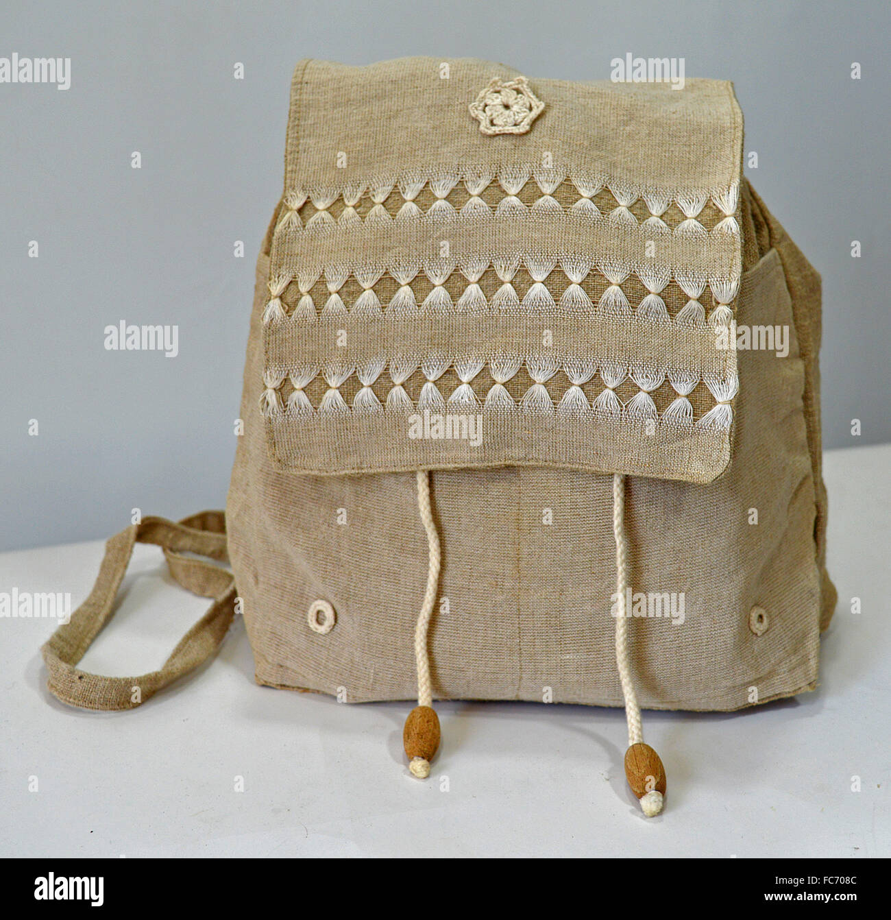 Handmade flax backpack Stock Photo - Alamy