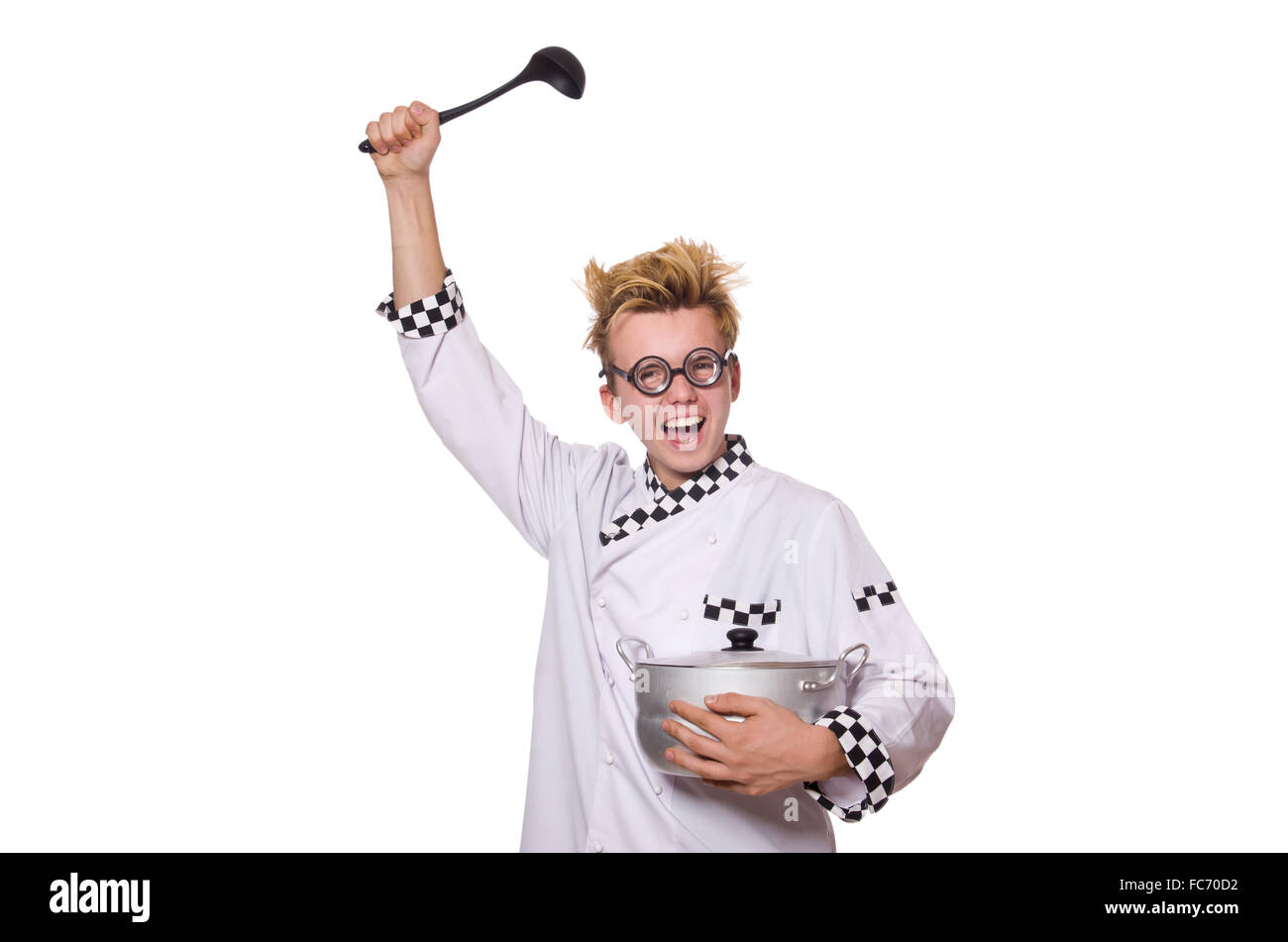 Funny chef holding pan and spoon isolated on white Stock Photo - Alamy