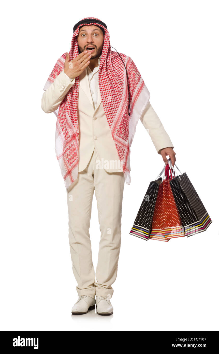 Arab man with shopping bags on white Stock Photo - Alamy