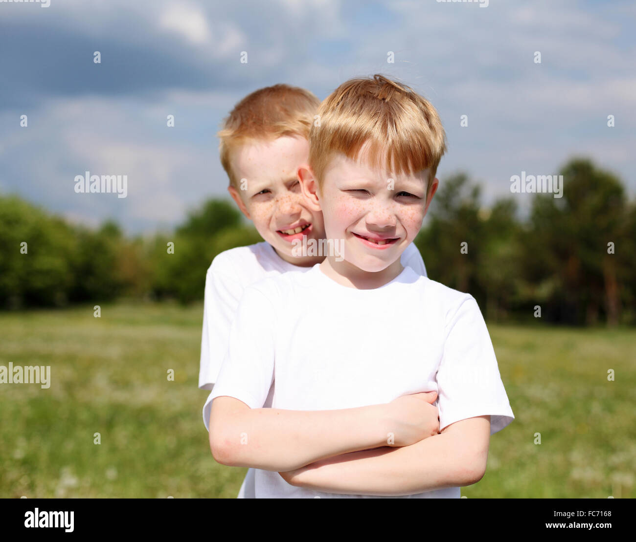 two twin brothers outdoors on the grass Stock Photo - Alamy