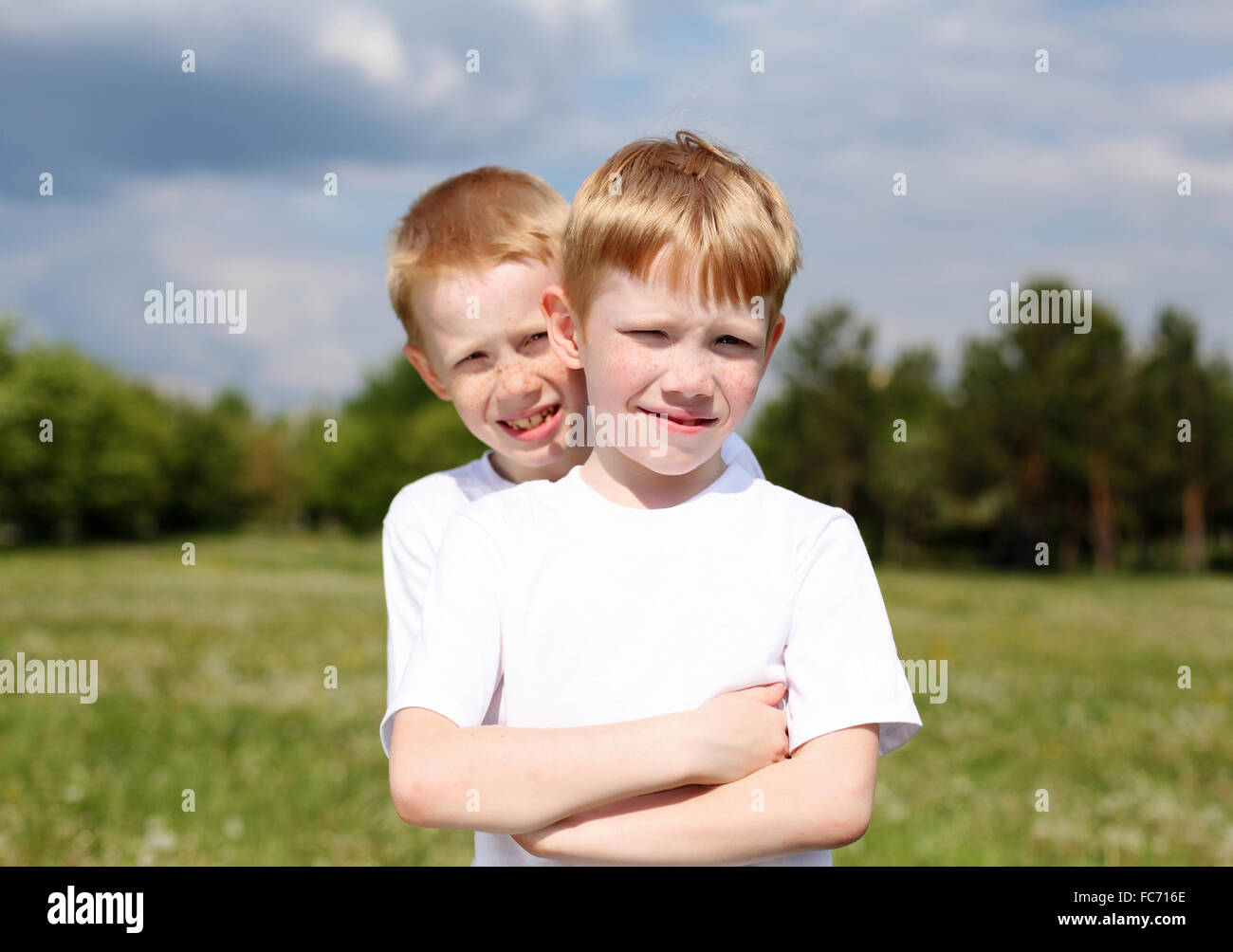 two twin brothers outdoors on the grass Stock Photo - Alamy