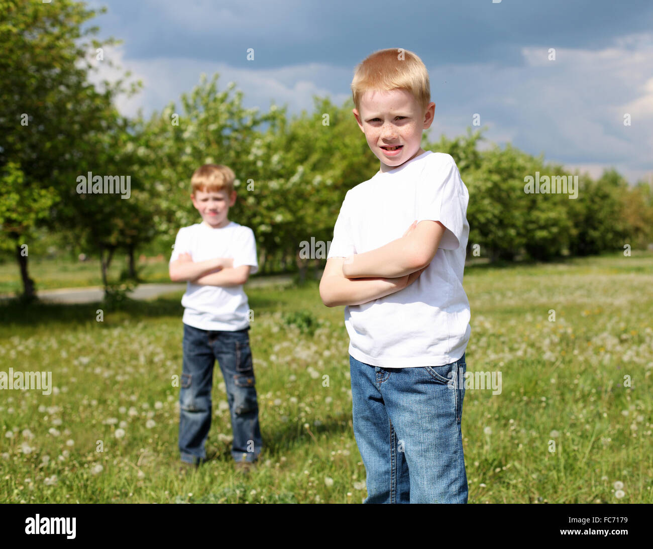 two twin brothers outdoors on the grass Stock Photo - Alamy