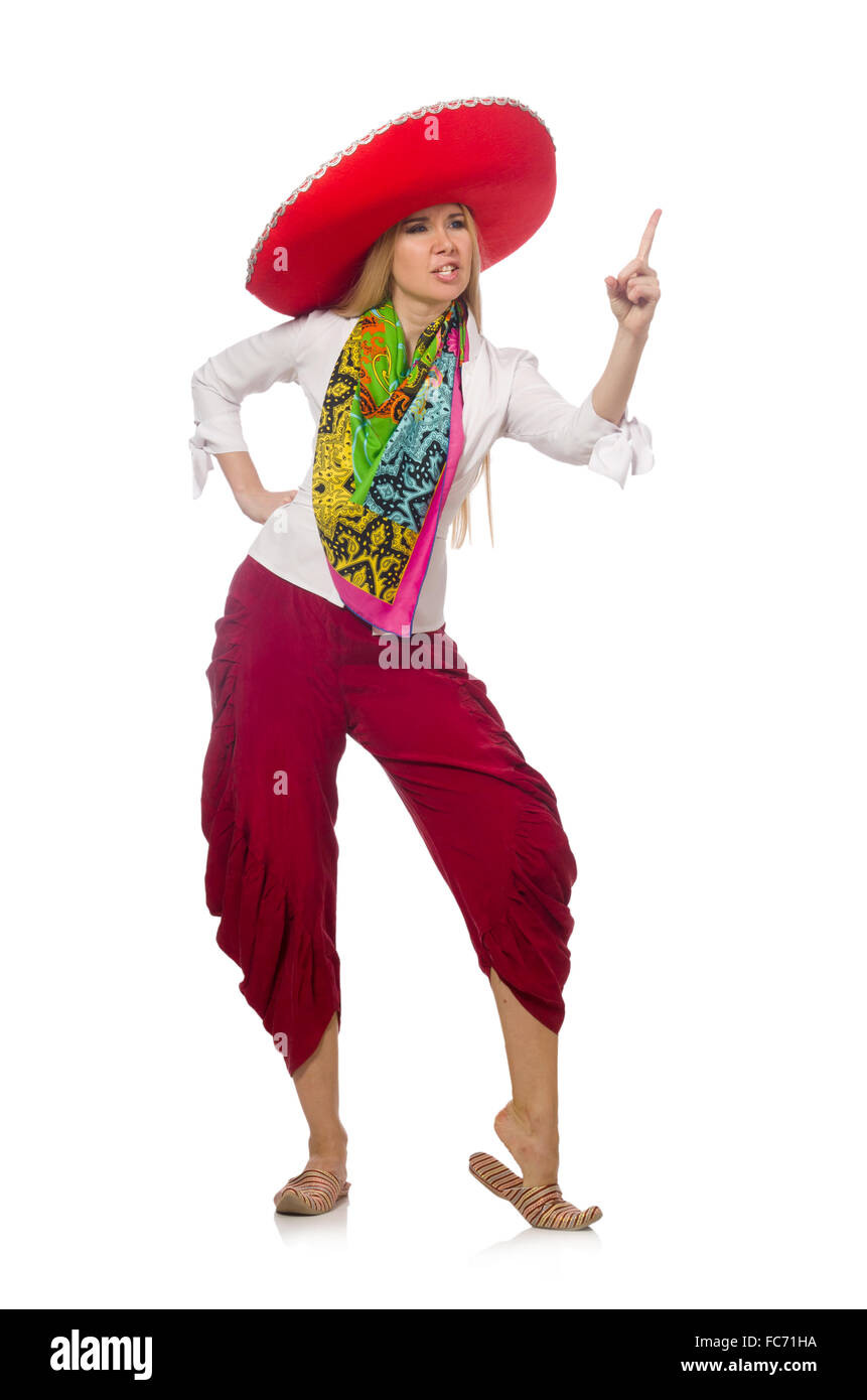 Mexican girl with sombrero dancing on white Stock Photo - Alamy