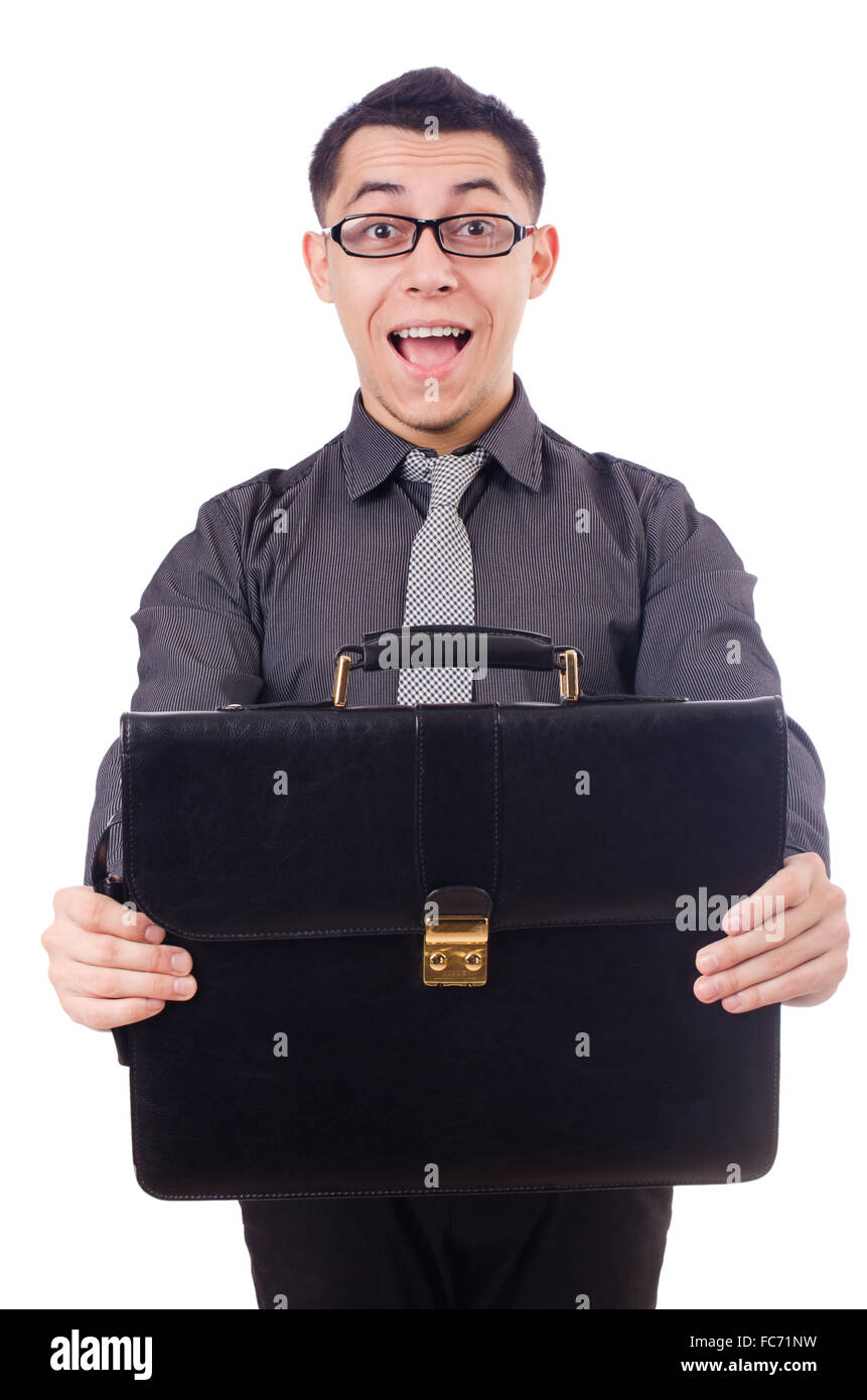 Young man holding briefcase isolated on white Stock Photo - Alamy