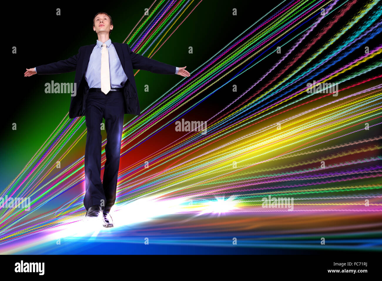 Illustration of a business man walking over Internet connection lines ...