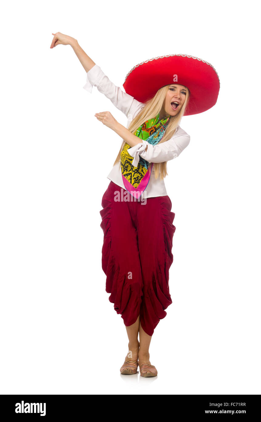 Mexican girl with sombrero dancing on white Stock Photo - Alamy