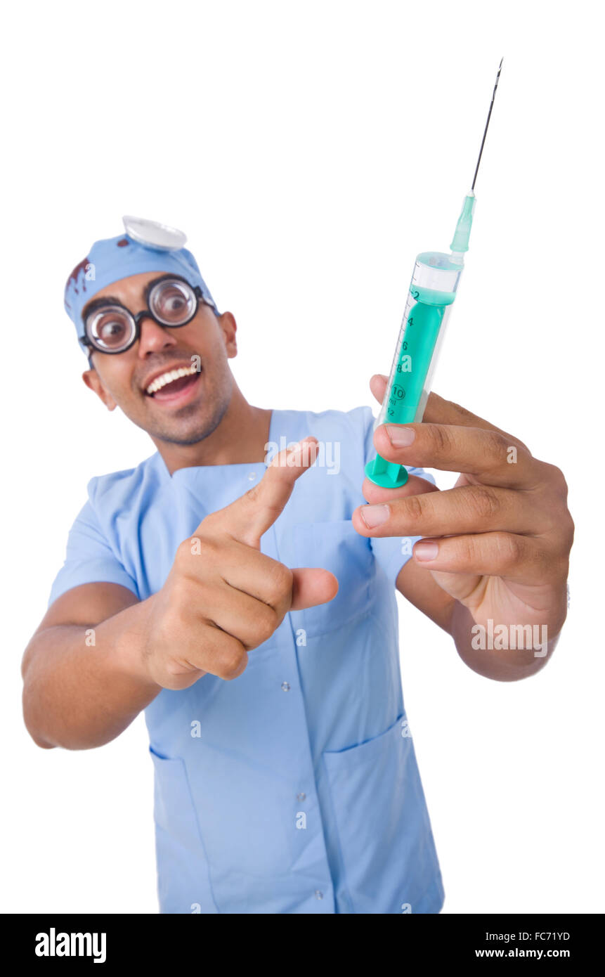 Crazy doctor with syringe isolated on white Stock Photo - Alamy