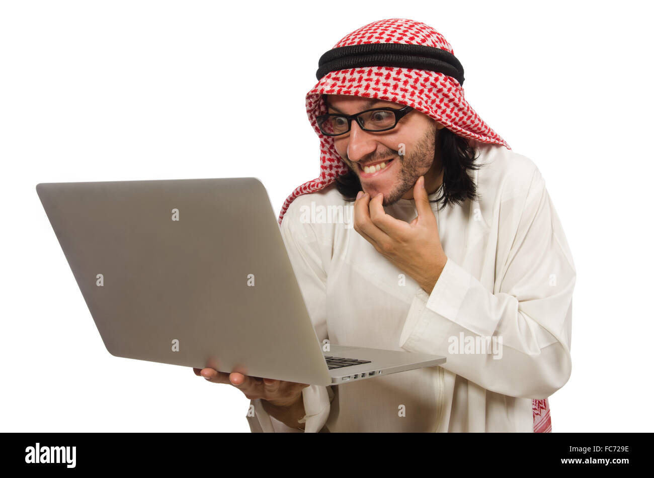 Arab man with laptop isolated on white Stock Photo - Alamy