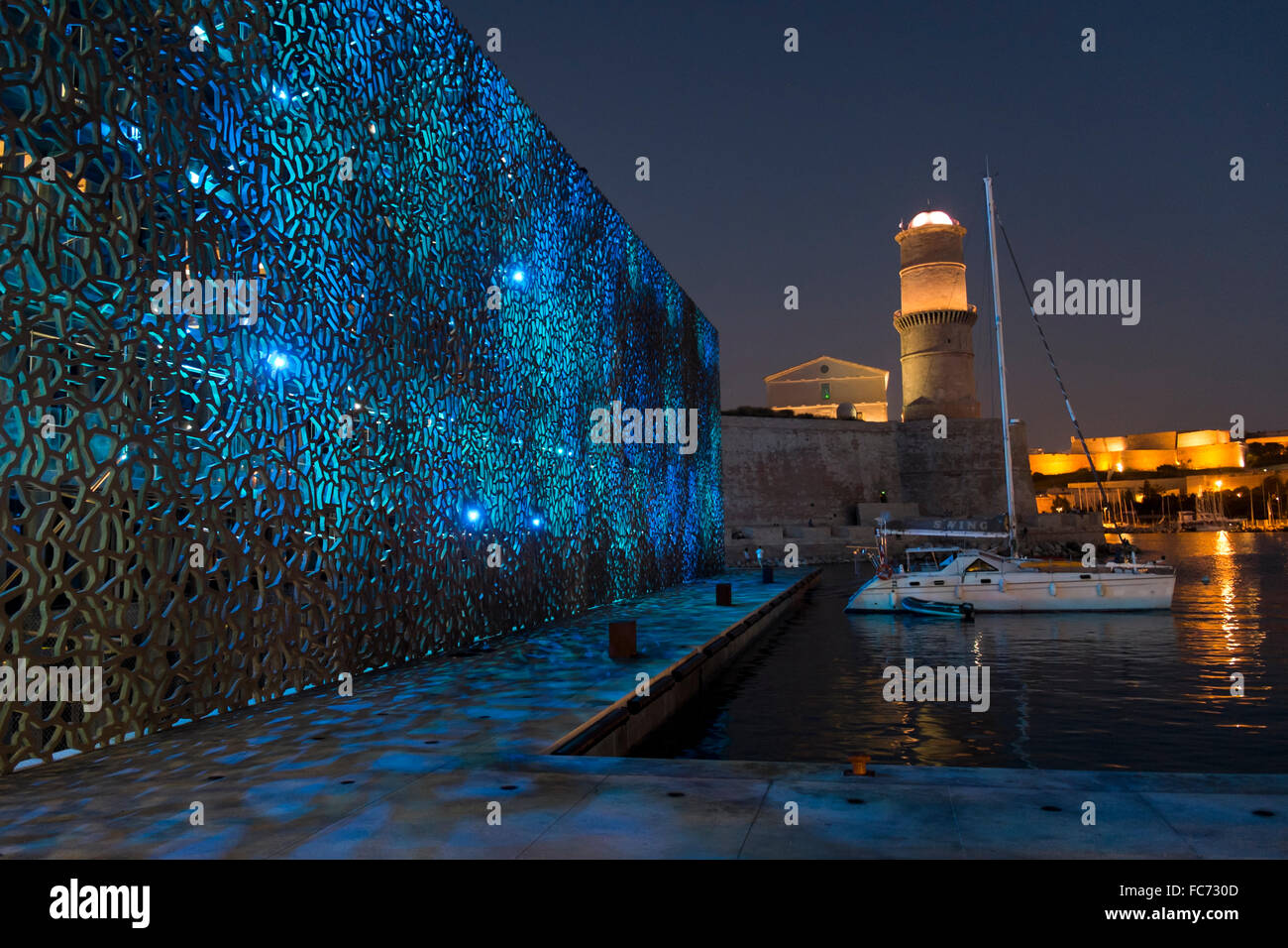 The MUCEM museum and Fort Saint-Jean at night in the Vieux-Port, or Old ...