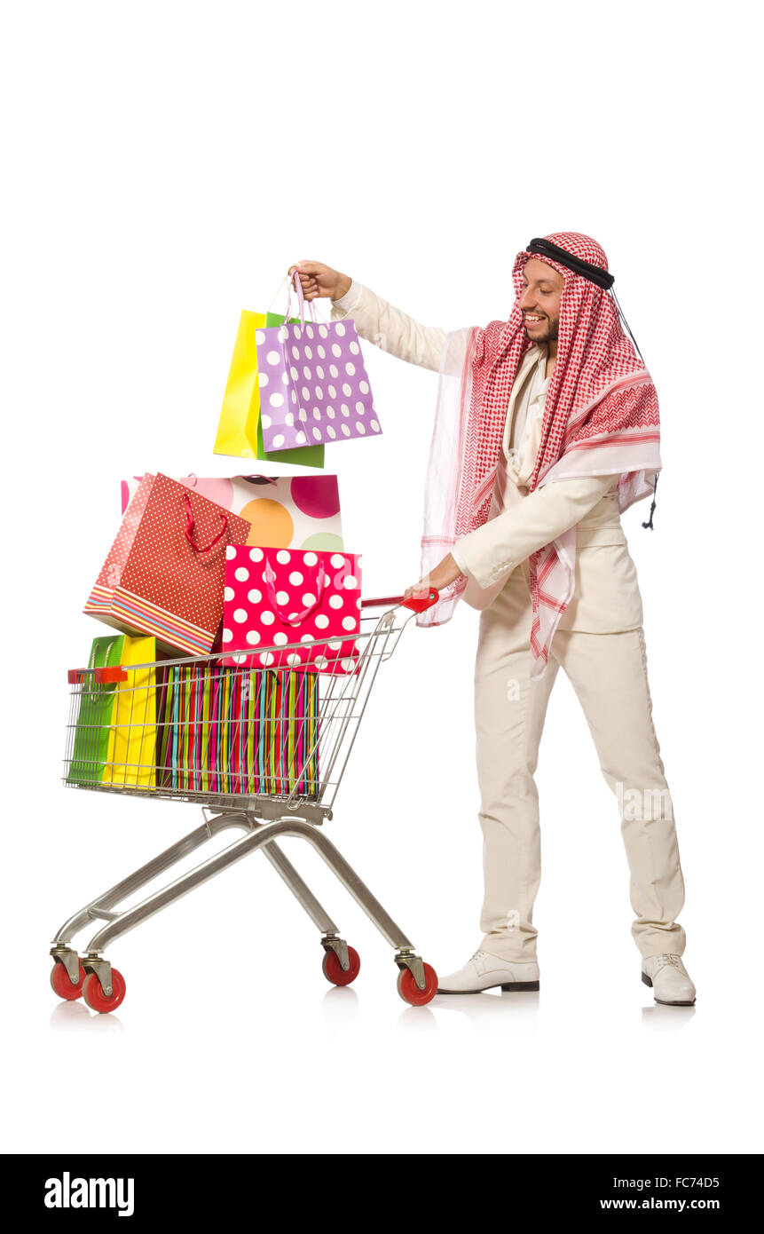 Arab man doing shopping isolated on white Stock Photo - Alamy