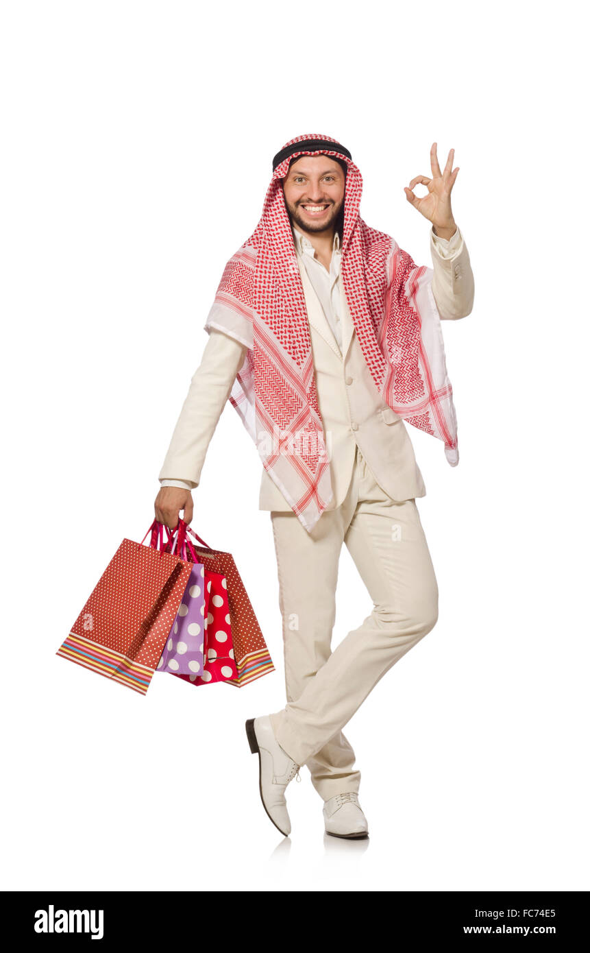 Arab man with shopping bags on white Stock Photo - Alamy
