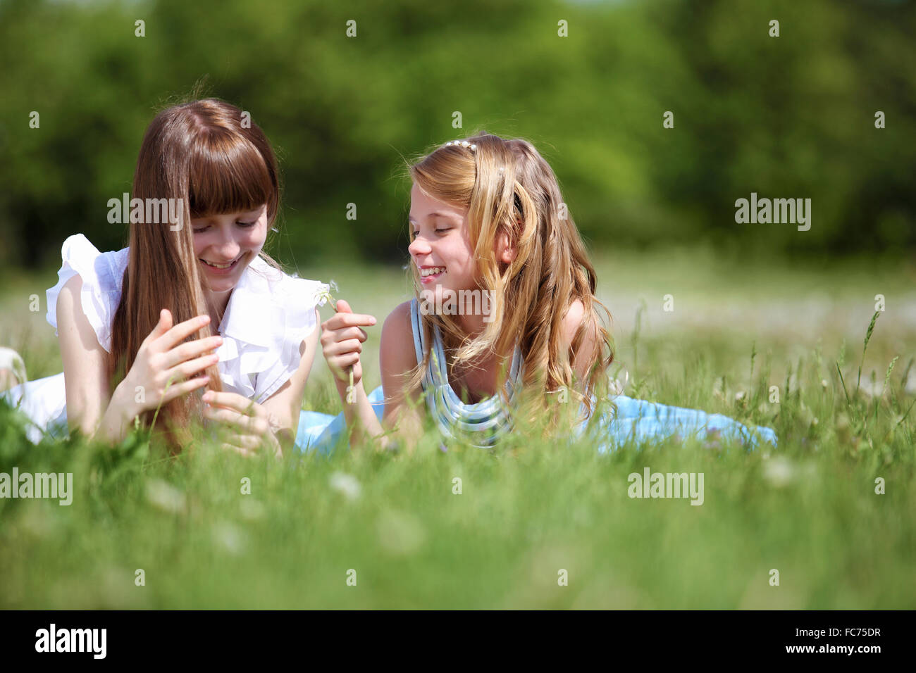 two girls spending time together in the summer park Stock Photo - Alamy