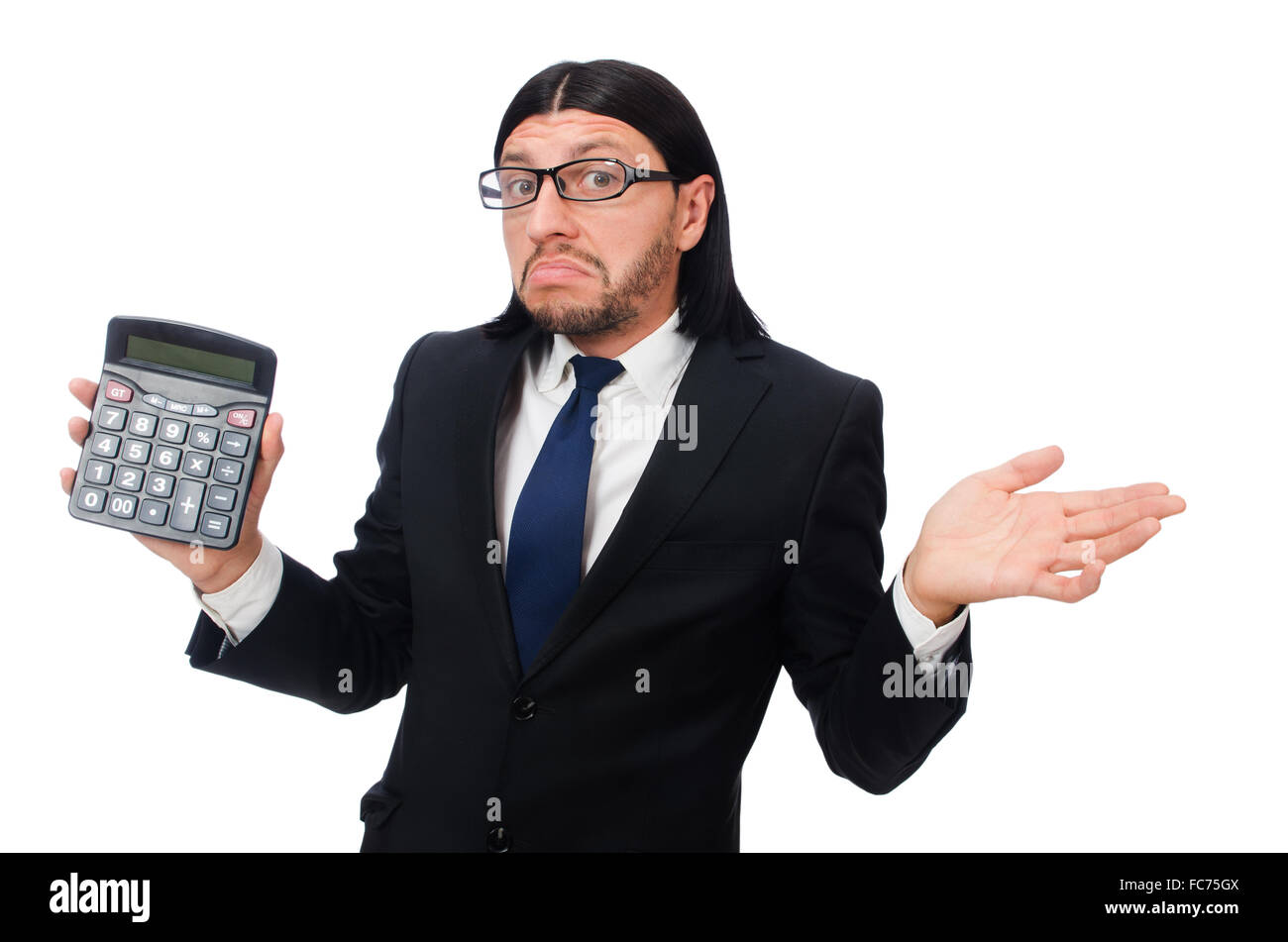 Man with calculator isolated on white Stock Photo - Alamy