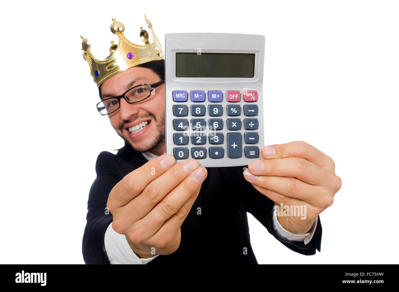 Funny man with calculator and abacus Stock Photo - Alamy