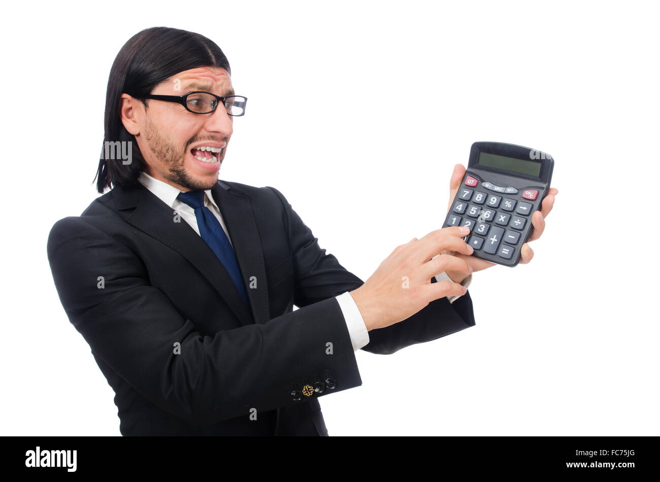 Man with calculator isolated on white Stock Photo - Alamy