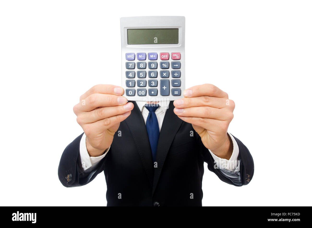 Man with calculator isolated on white Stock Photo - Alamy