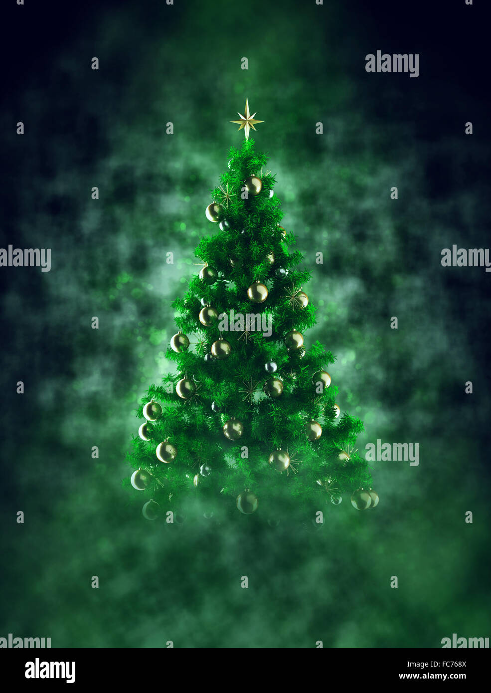 Christmas tree in smoke with bokeh Stock Photo - Alamy