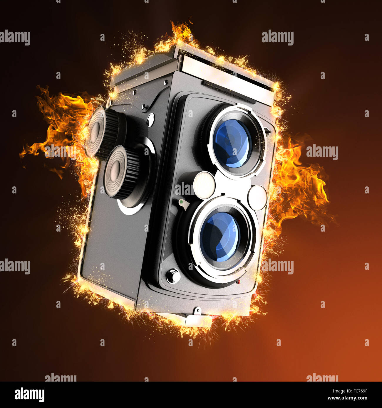 Vintage cinema camera in fire Stock Photo - Alamy