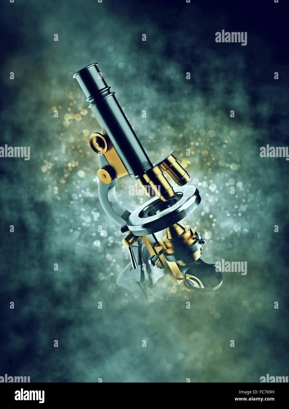 Old microscope in smoke with bokeh Stock Photo - Alamy
