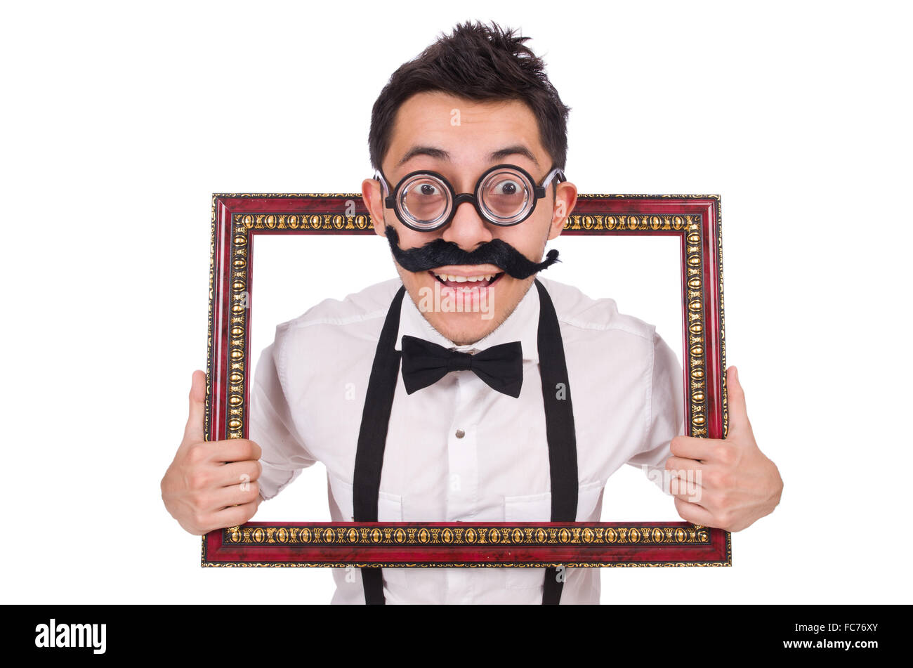 Young man with frame isolated on white Stock Photo - Alamy