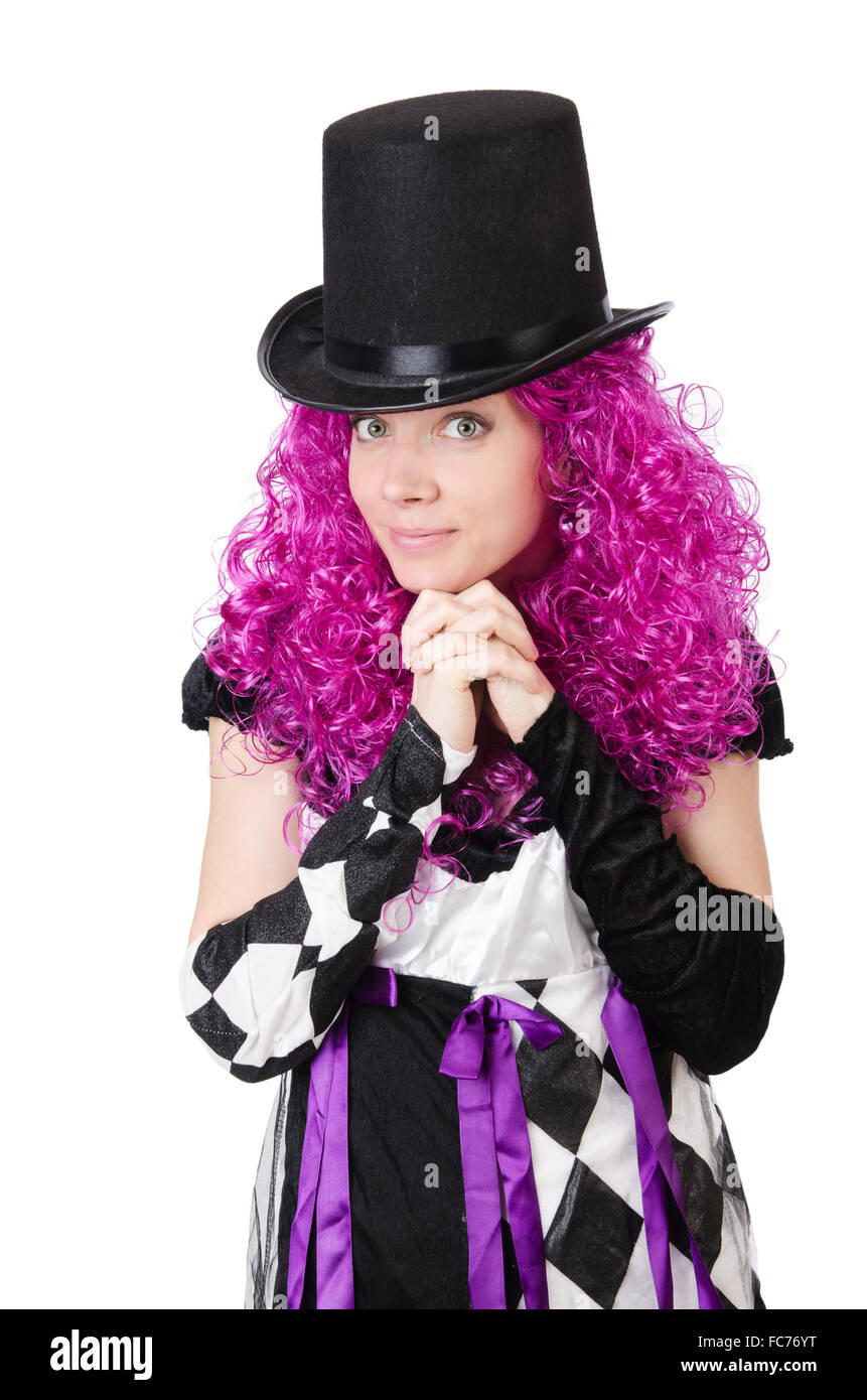 Pretty girl in jester costume isolated on white Stock Photo - Alamy