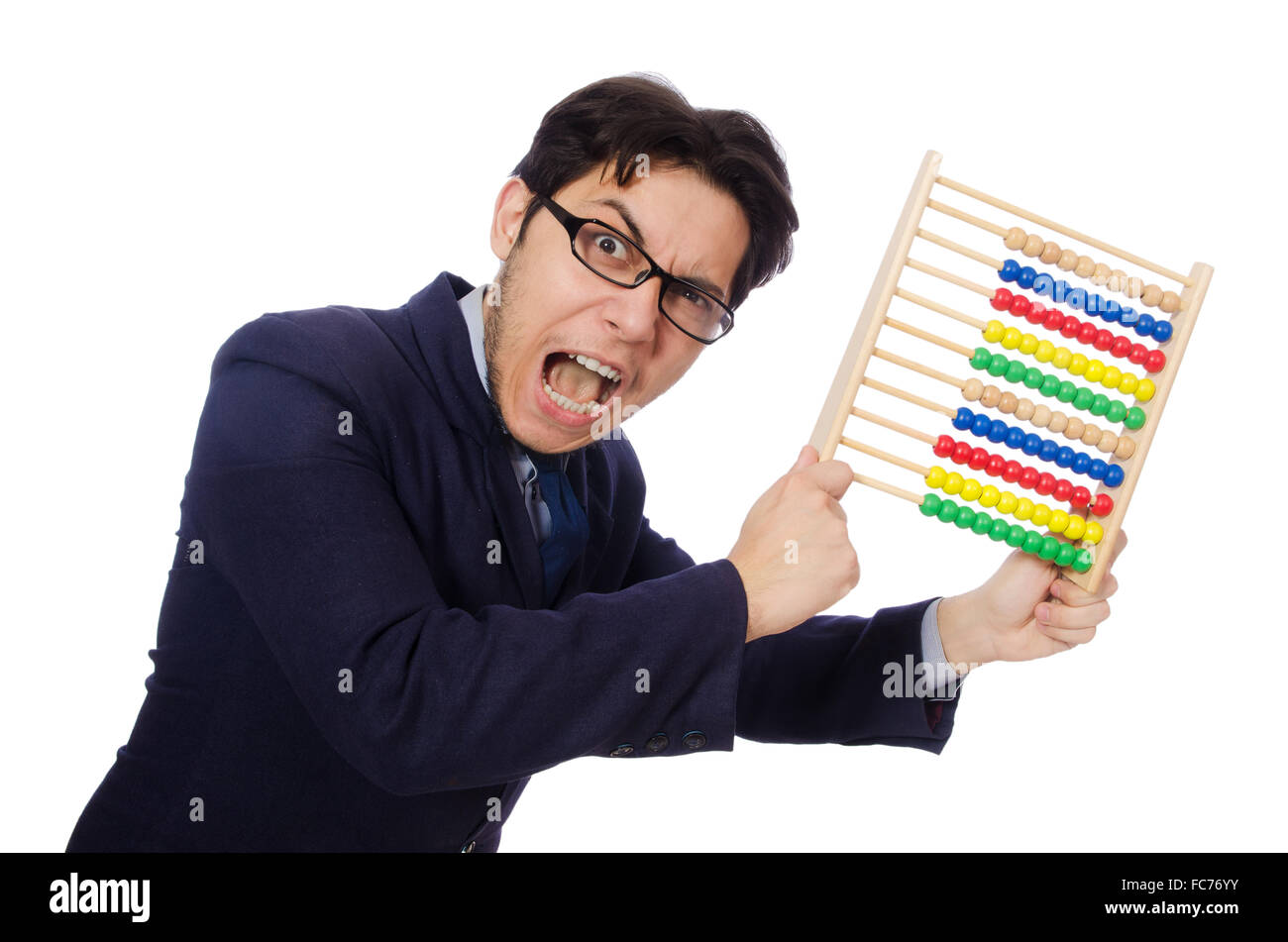 Angry accountant with abacus isolated on white Stock Photo - Alamy