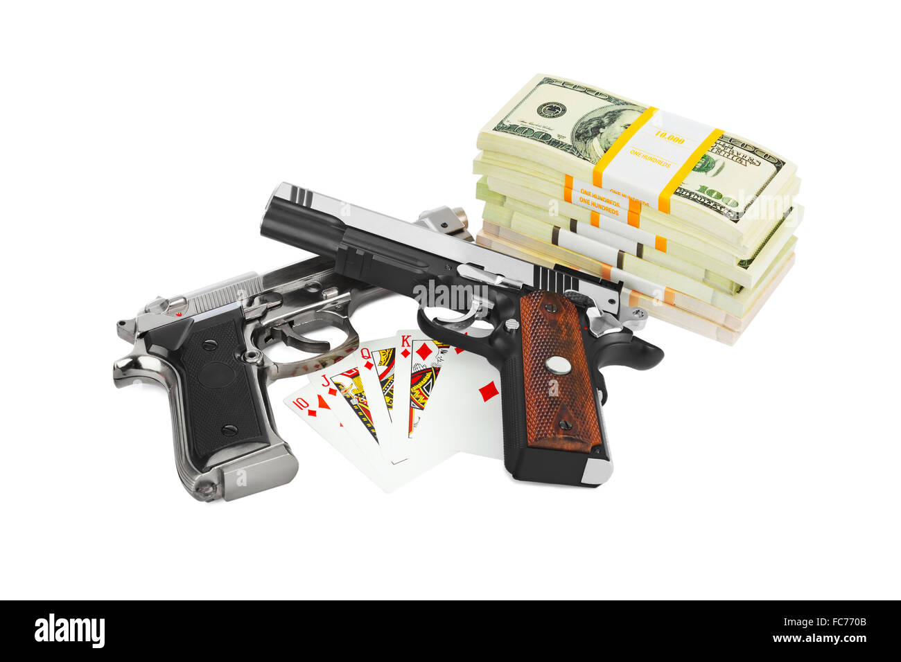 Guns money and playing cards Stock Photo - Alamy