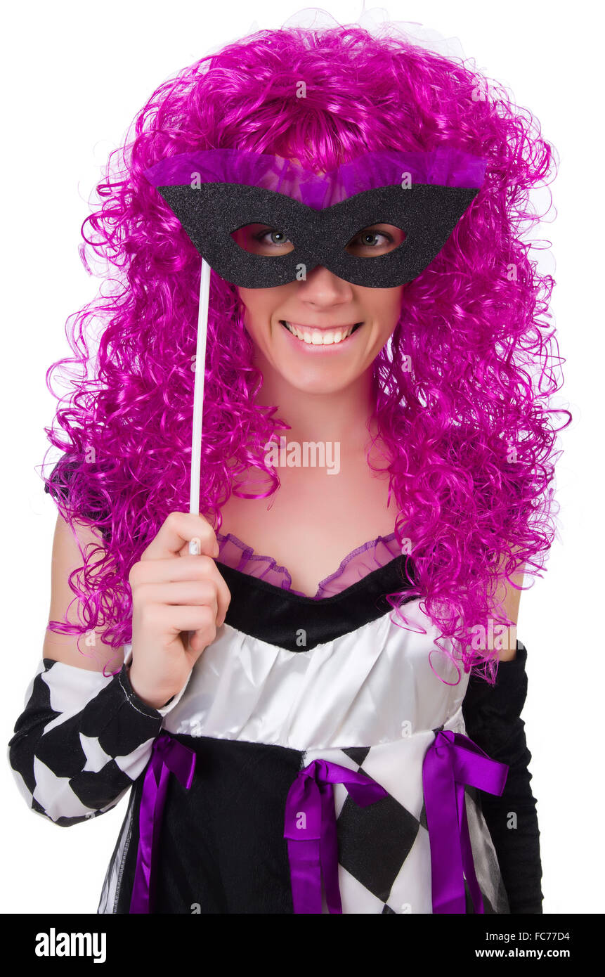 Pretty girl in jester costume isolated on white Stock Photo - Alamy