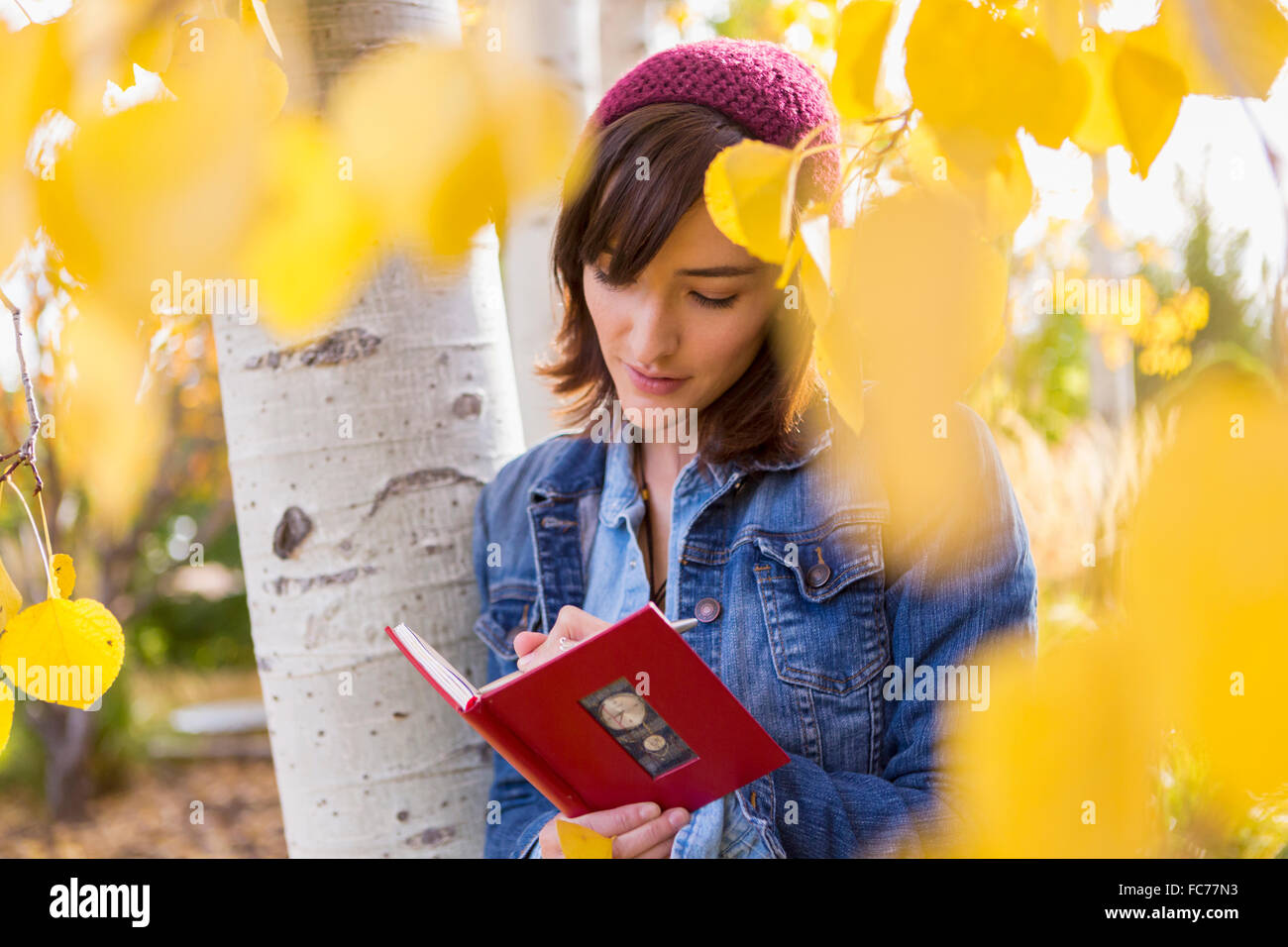 Hispanic woman writing in tree Stock Photo - Alamy