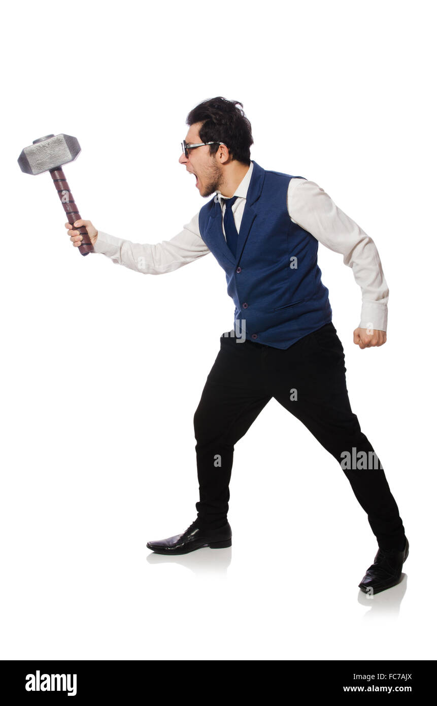 Young man holding hammer isolated on white Stock Photo - Alamy