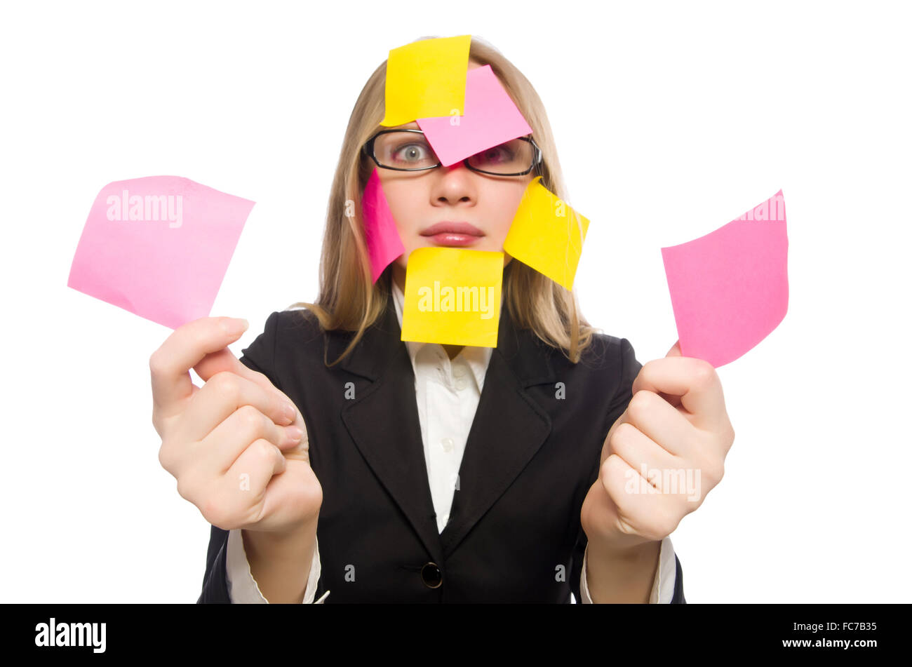 Woman with reminders isolated on white Stock Photo - Alamy