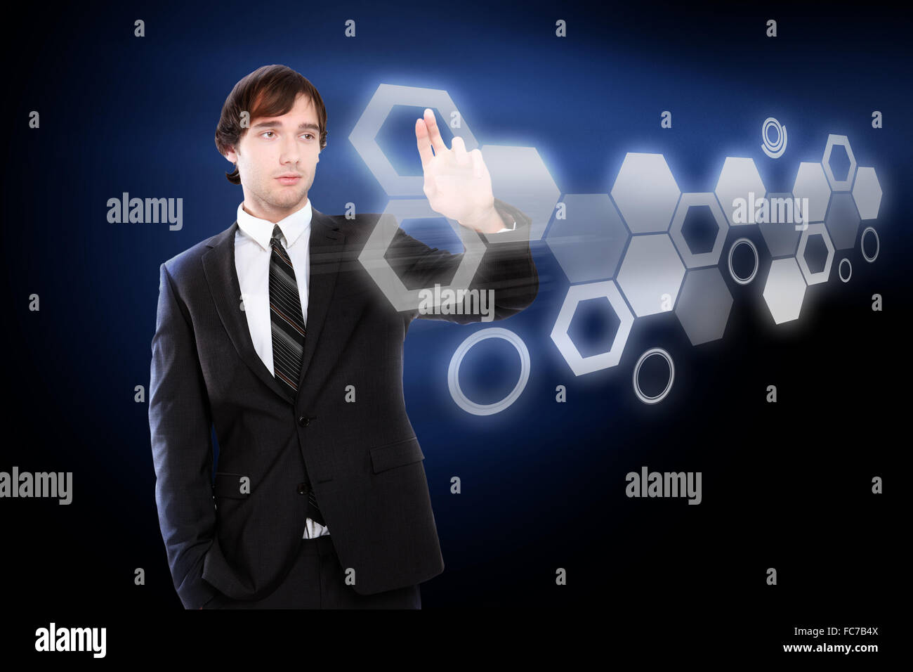 Multimedia digital virtual screen and human hand touching it Stock ...