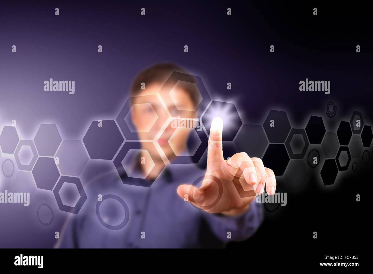 Multimedia digital virtual screen and human hand touching it Stock ...