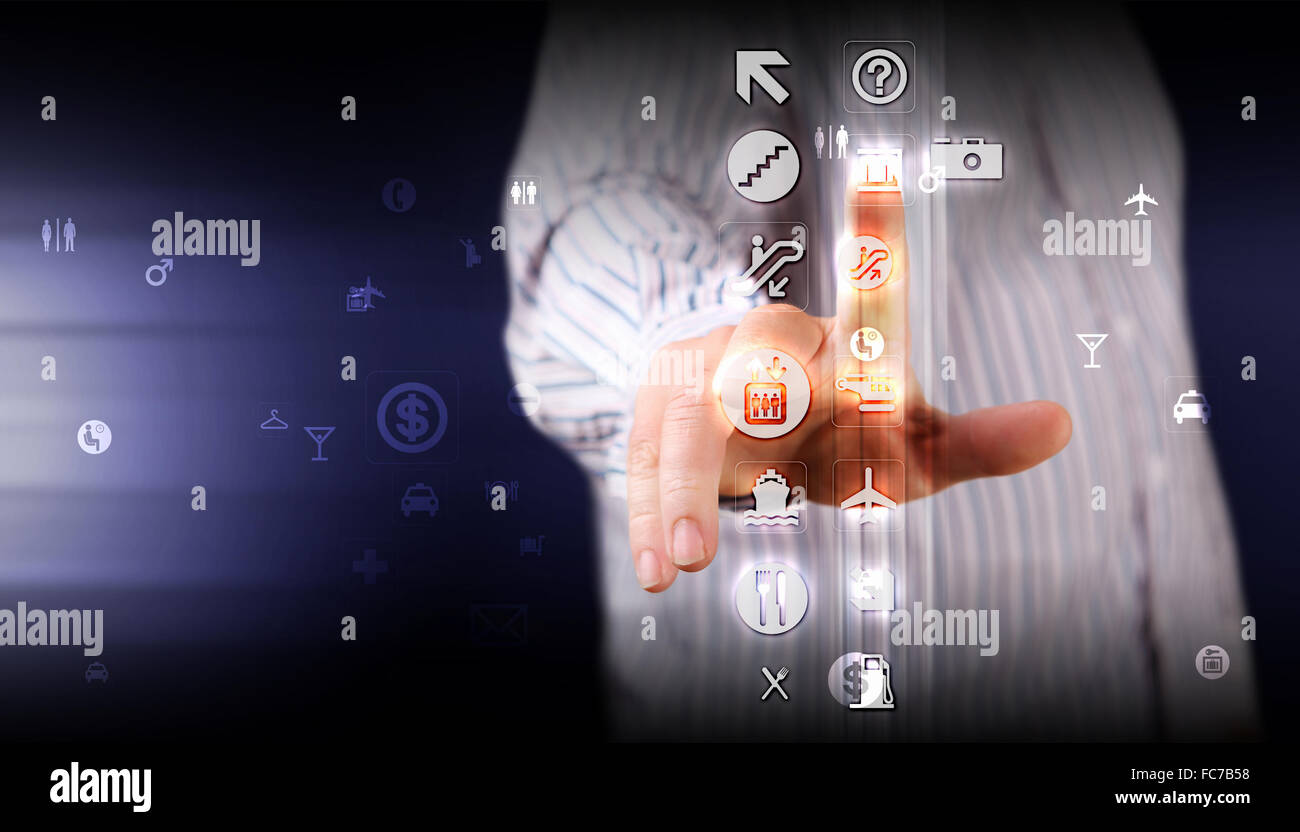 Multimedia digital virtual screen and human hand touching it Stock ...
