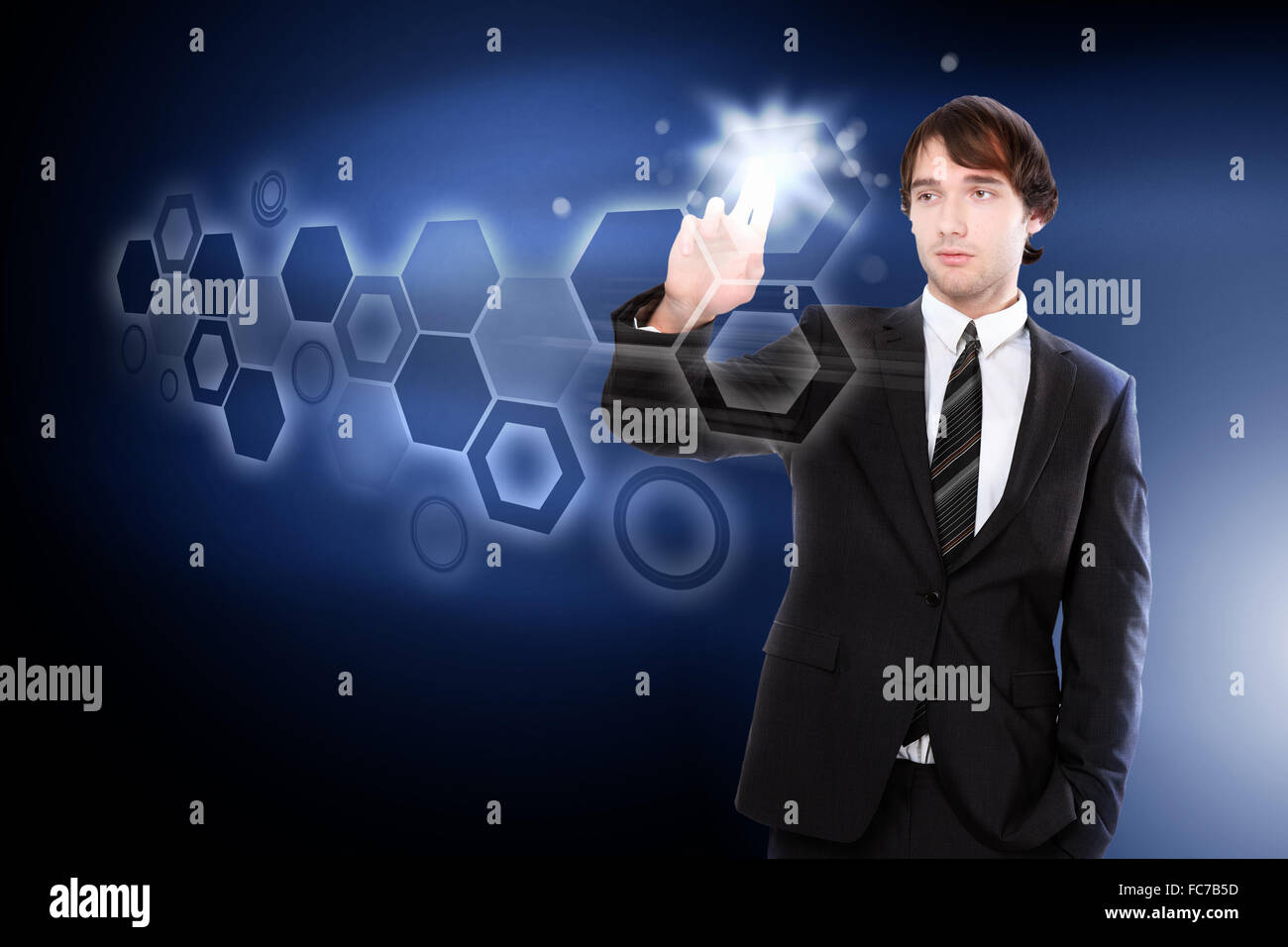 Multimedia digital virtual screen and human hand touching it Stock ...