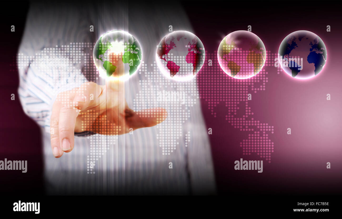 Multimedia digital virtual screen and human hand touching it Stock ...