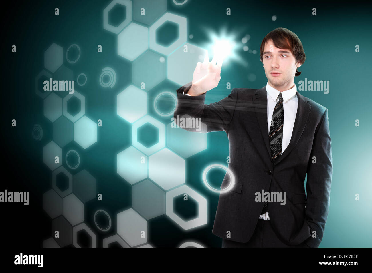 Multimedia digital virtual screen and human hand touching it Stock ...