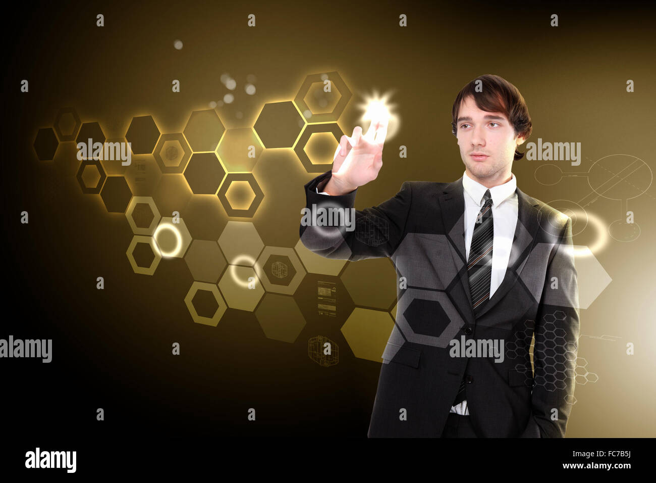 Multimedia digital virtual screen and human hand touching it Stock ...