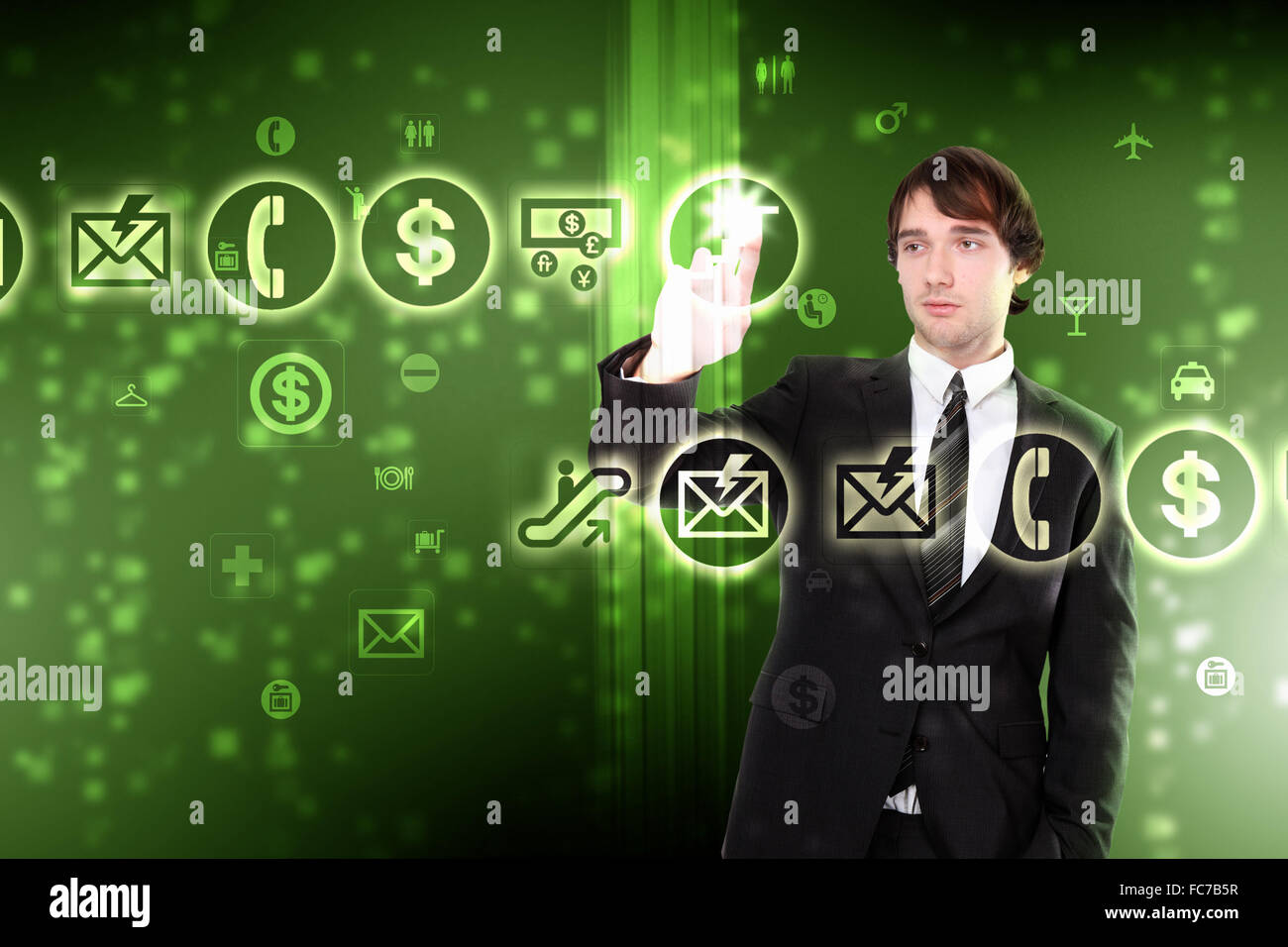 Multimedia digital virtual screen and human hand touching it Stock ...