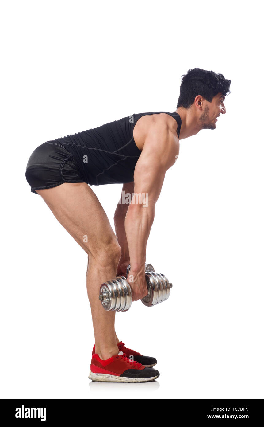 Man with dumbbells isolated on white Stock Photo - Alamy