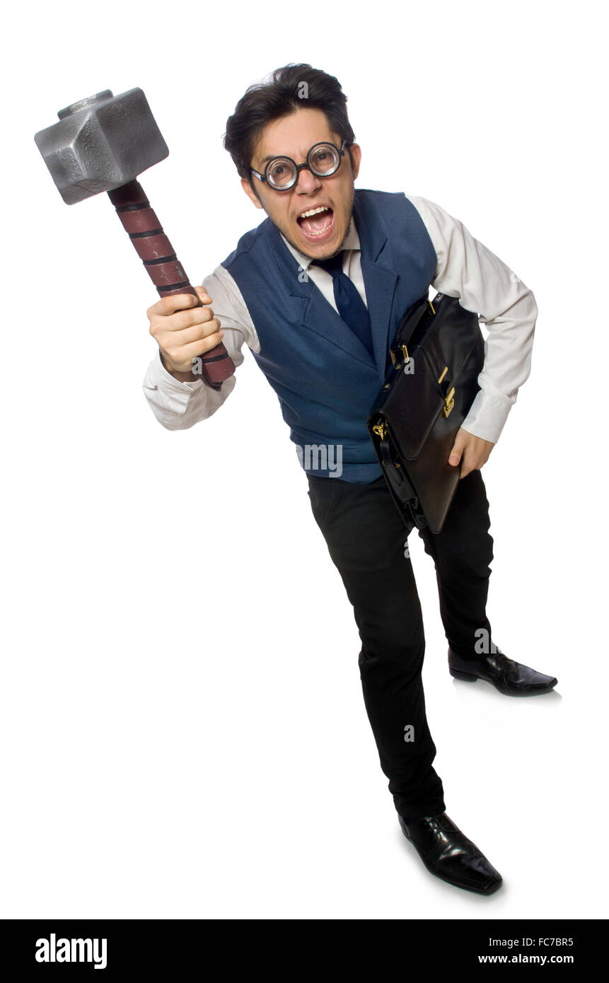 Young man holding hammer isolated on white Stock Photo - Alamy