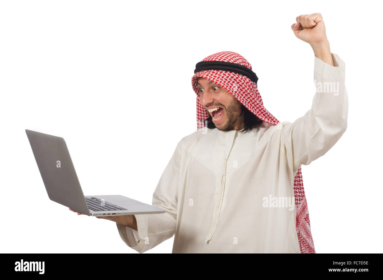 Arab man with laptop isolated on white Stock Photo - Alamy