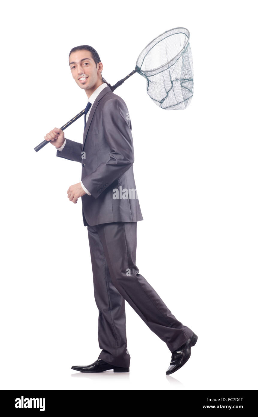 Funny businessman with catching net on white Stock Photo - Alamy