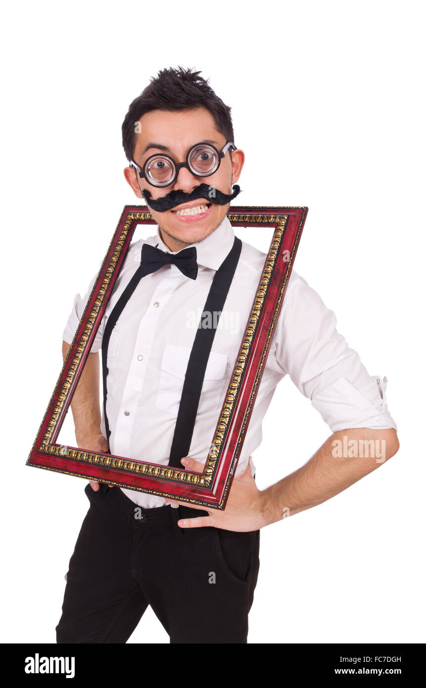 Young man with frame isolated on white Stock Photo - Alamy