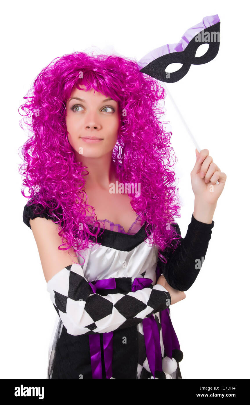 Pretty girl in jester costume isolated on white Stock Photo - Alamy