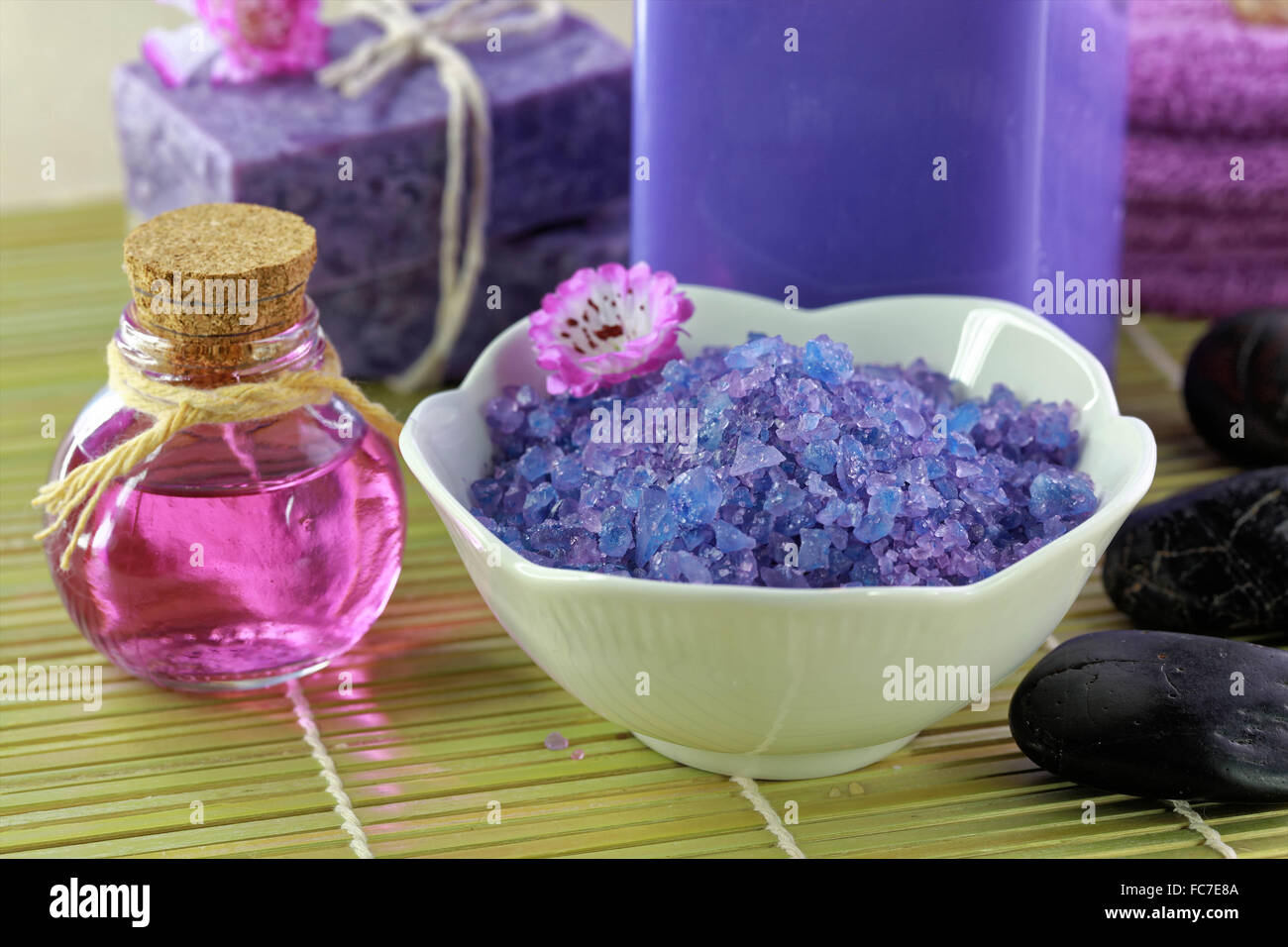 Purple spa theme with bath salt hi-res stock photography and images - Alamy