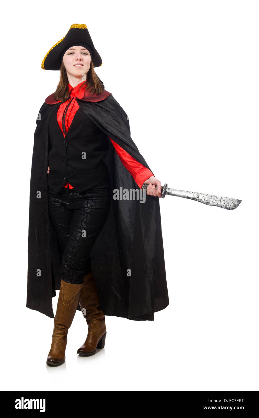 Female pirate in black coat holding sword isolated on white Stock Photo ...