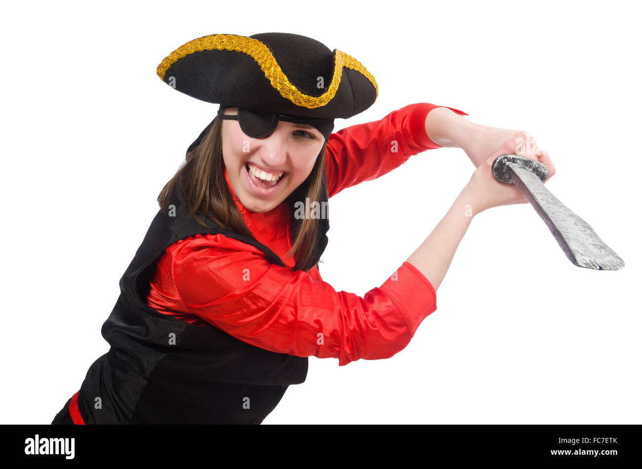 Female pirate holding sword isolated on white Stock Photo - Alamy