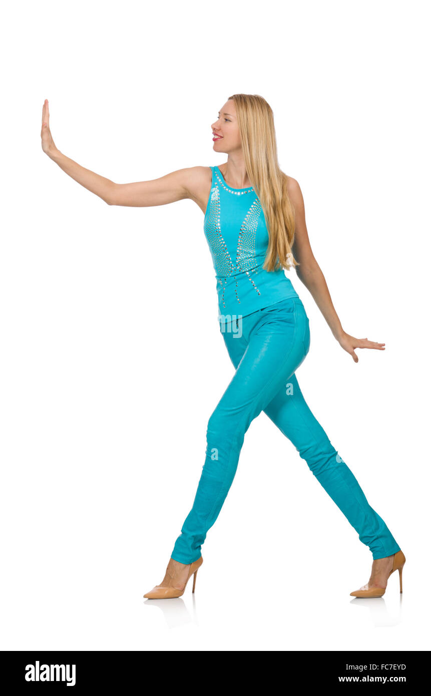 Beautiful girl in blue clothing isolated on white Stock Photo - Alamy